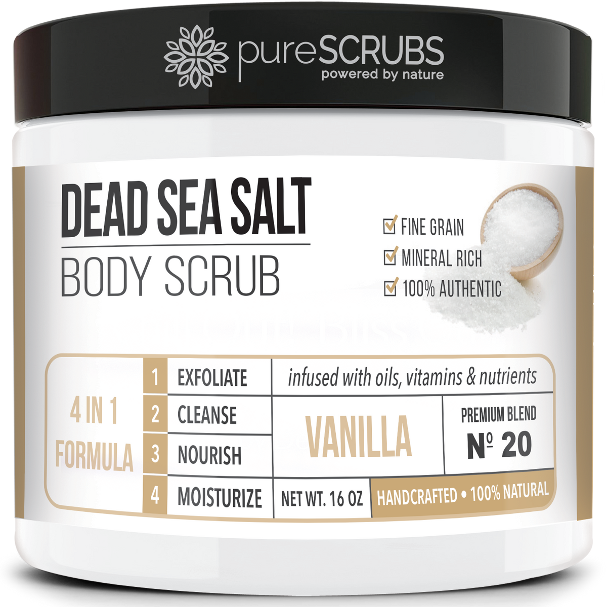 Vanilla Body Scrub Dead Sea Salt Premium Blend 20 Purescrubs